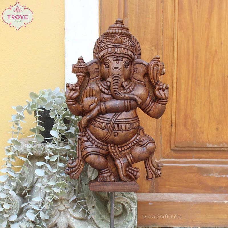 Hand Carved Wooden Lord Ganesha Idol - Decor – Trove Craft India