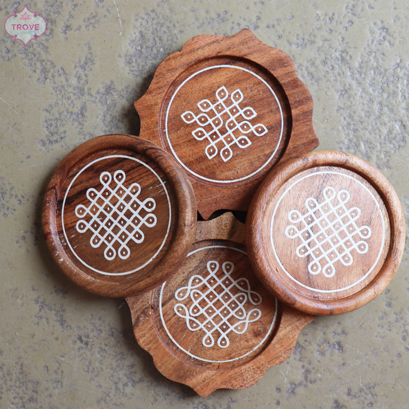 Set of 4 Wooden Kolam coasters – Trove Craft India