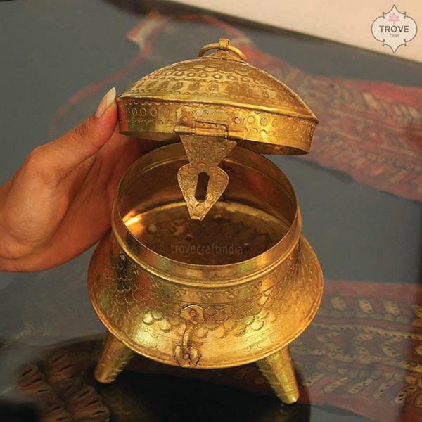 Traditional Hand-etched Brass Storage Box – Trove Craft India