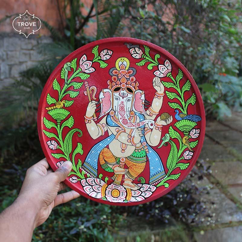 12" Lord Ganesha Pattachitra Wall Decor Plate (Cherry Red Background ...